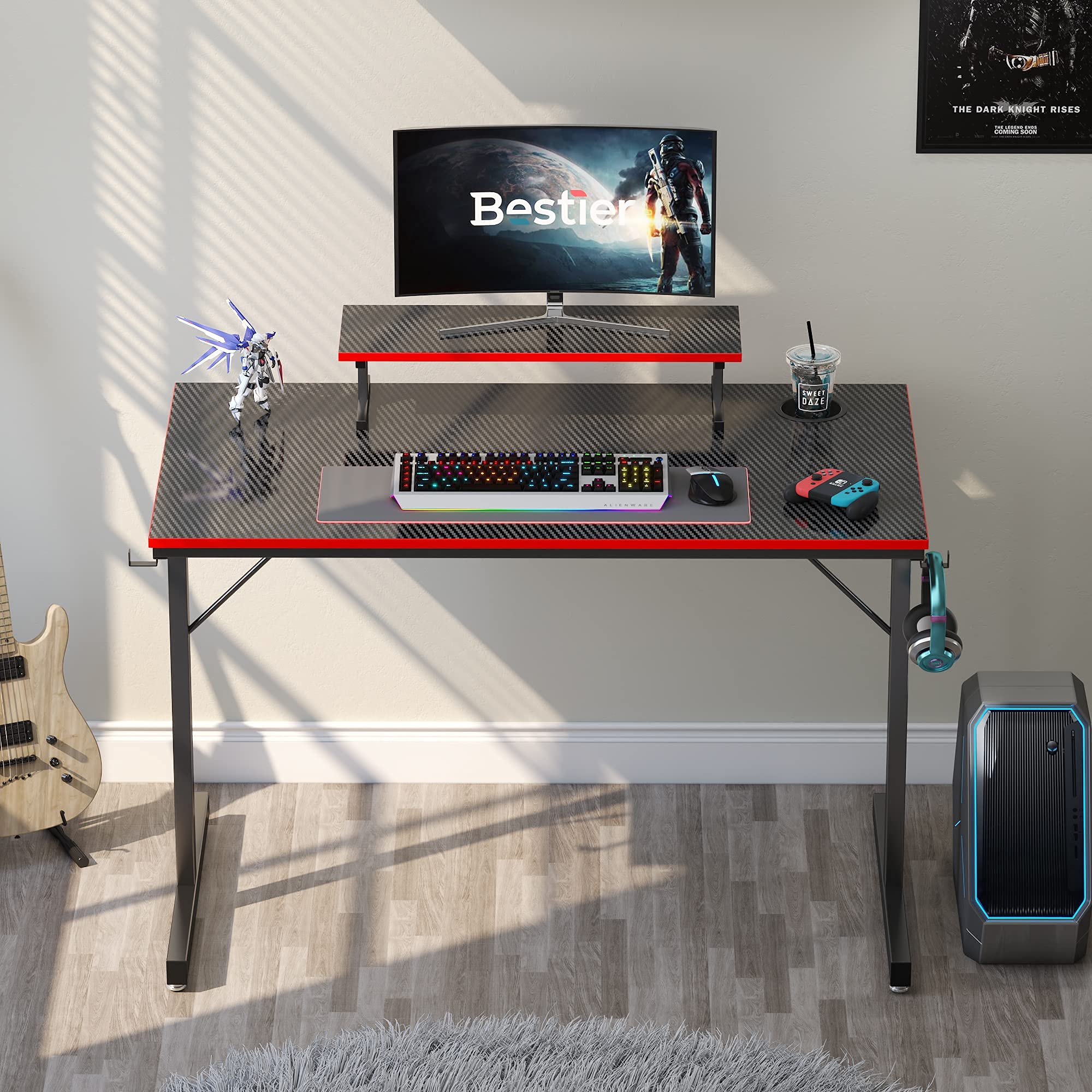 Bestier Gaming Desk with LED Lights 44" Small Computer Desk for Home Office Table with Cup Holder and 2 Headphone Hooks, Black