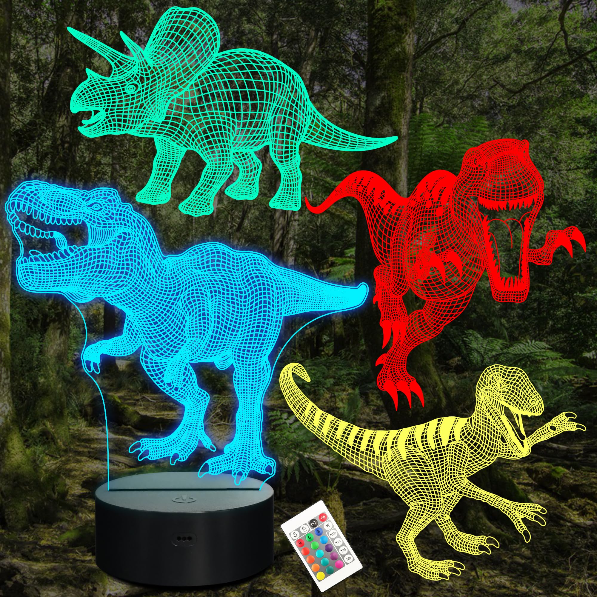 Lampeez Dinosaur Lamp Kits, 3D Night Light Illusion Lamp 4 Patterns with Remote 16 Color Change Decor Lamp, Dinosaur Gifts for Children