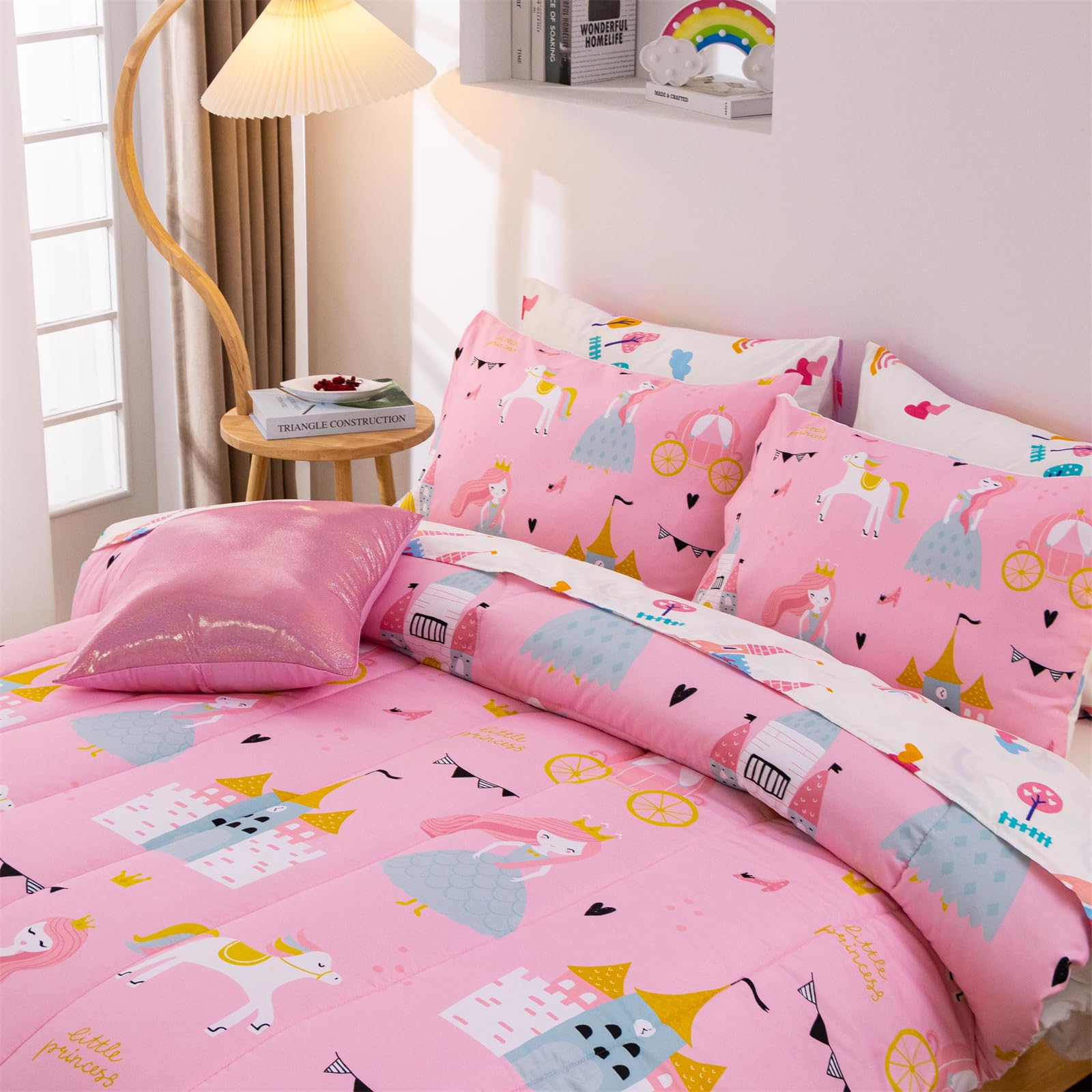 A Nice Night Pink Princess Comforter Set,Bed in A Bag Twin Size 6 Piece Princess Tales Castle Carriage Bedding Set for Girl,Kids