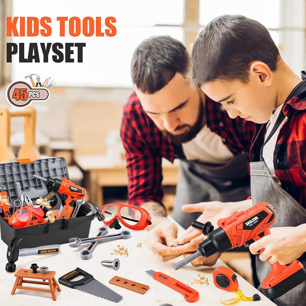 Kids Tool Set – Zealous 48 pcs Toddler Tool Set with Tool Box & Electronic Toy Drill, Pretend Play Kids Toys, Toy Construction Tools for Kids Ages 3,4,5,6,7,8 Years Old (A-Orange)