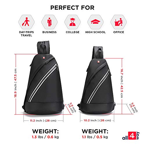all4way Sling Backpack Tablet - Swiss Design with fast USB Charging - RFID Anti Theft Travel Biking Bag (10.2, Black)