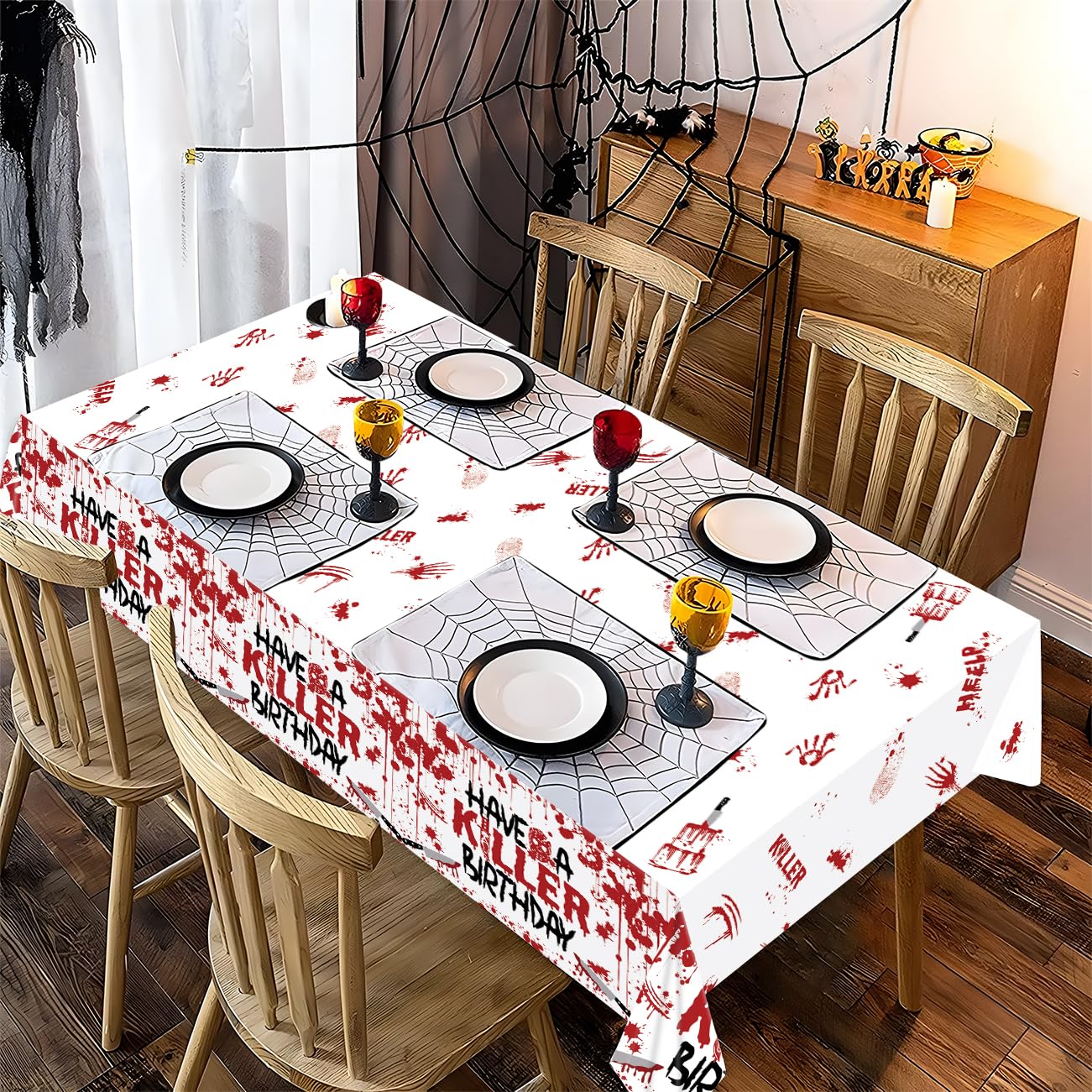 3PCS Halloween Birthday Party Decorations Halloween Birthday Tablecloths Have a Killer Birthday Table Cover Rectangular Plastic Scary Bloody Hand Table Cloth for Halloween Birthday Party Supplies