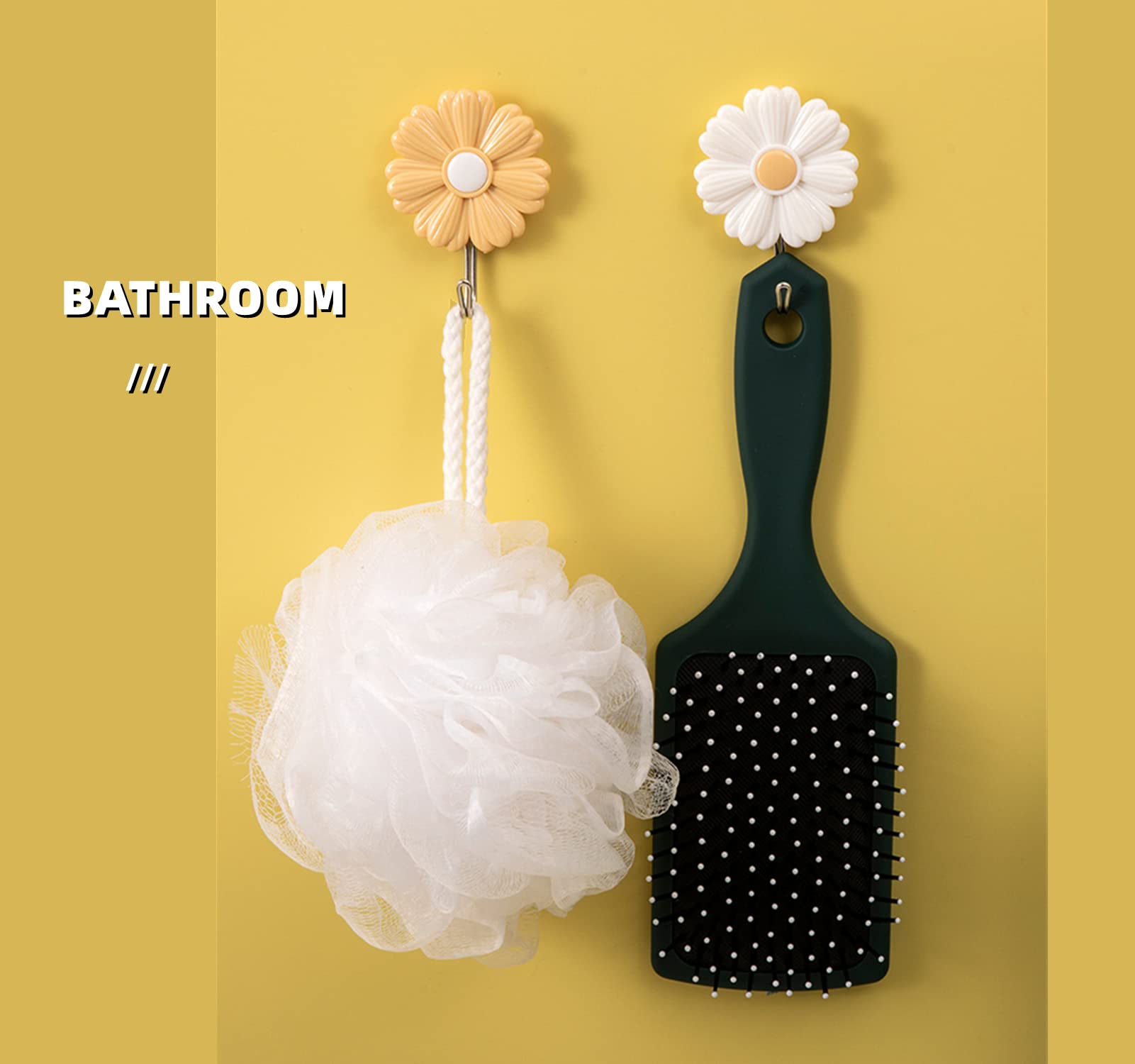 Adhesive Wall Hooks 4 Pcs Utility Hook Heavy Duty White Yellow Flower Wall Hangers for Robe Towel Keys Bags Decorative Sticky Hook for Backpack Hat Scarf Belt Storage Hooks for Kitchen Bathroom Porch