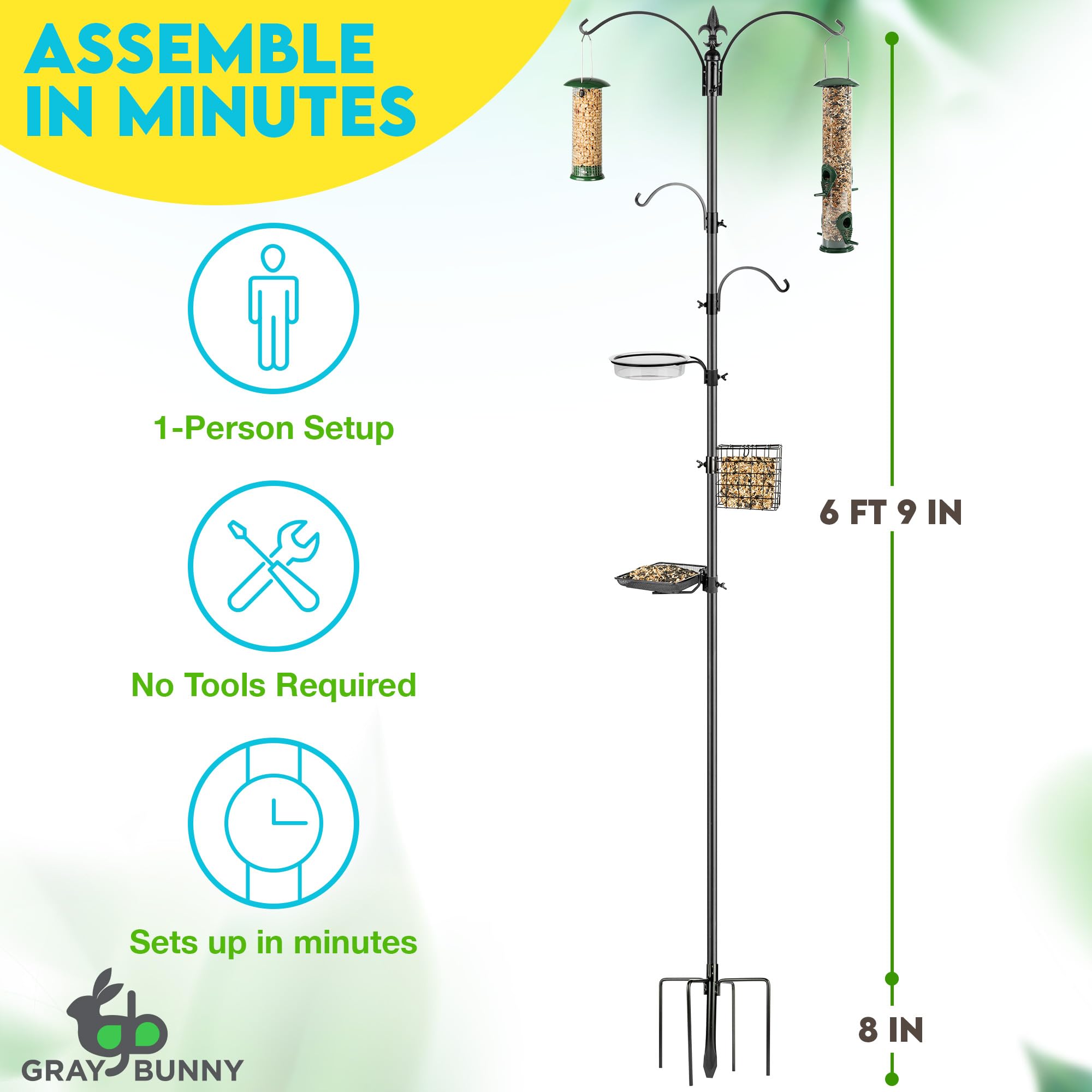 4 Hooks Bird Feeder Pole, 91 Inches Tall Bird Feeder Poles for Outdoors Heavy Duty, Multi Bird Feeder Stand with Bird Bath, Mesh Tray & Suet Cage, 5 Prong Base Bird Feeding Station for Outside