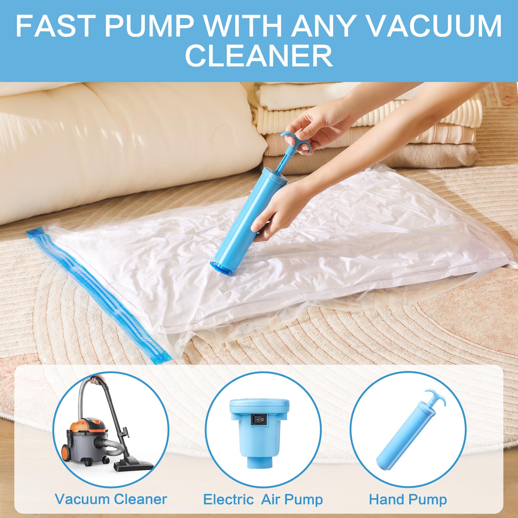 8 Pack Large Vacuum Storage Bags, Space Saver Vacuum Bags, Large Vacuum Seal Bags For Clothing, Clothes, Pillows, Comforters, Blankets, Bedding with Hand Pump