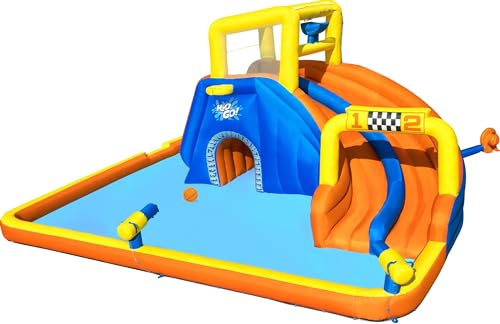 Bestway H2OGO! 18 x 16.5 x 8.7 Foot Super Double Racing Super Speedway Kids Inflatable Water Park with Air Blower, Ground Stakes, and Storage Bag