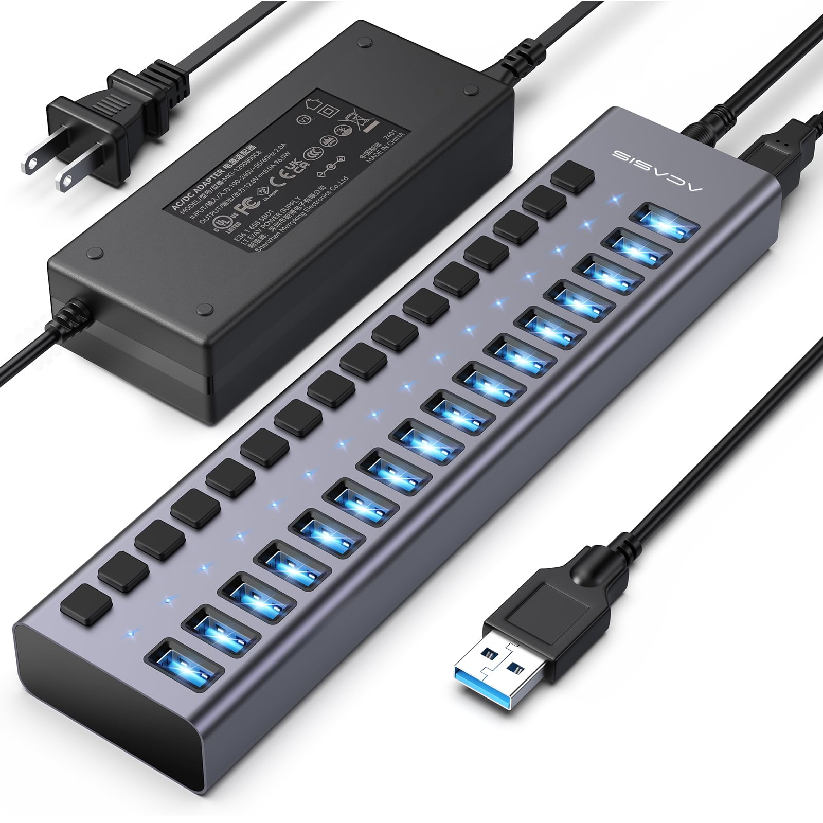Powered USB 3.1 Hub, ACASIS 16 Ports USB 3.1 Hub with 10Gbps Data SpeedďźAluminum Housing, USB Hub Powered with 96W Power Adapter, USB Hub for PC/Laptop, Computer, Flash Drive, Printer, Camera