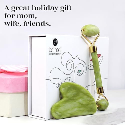BAIMEI Jade Roller & Gua Sha Facial Tools Face Roller and Gua Sha Set for Skin Care Routine and Puffiness - Green