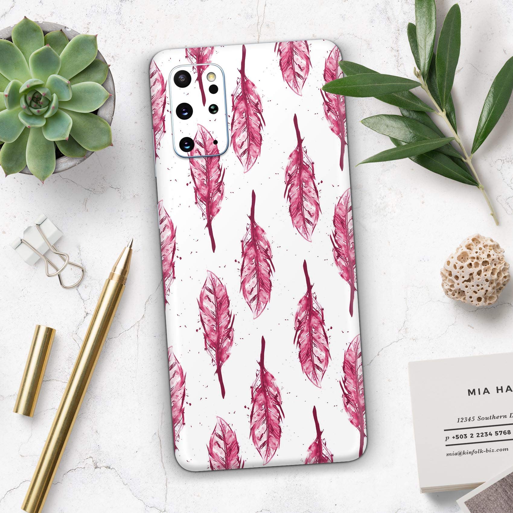 DesignSkinz Crimson Feather Pattern Protective Vinyl Decal Wrap Skin Cover Compatible with The Samsung Galaxy S20 (Screen Trim & Back Glass Skin)