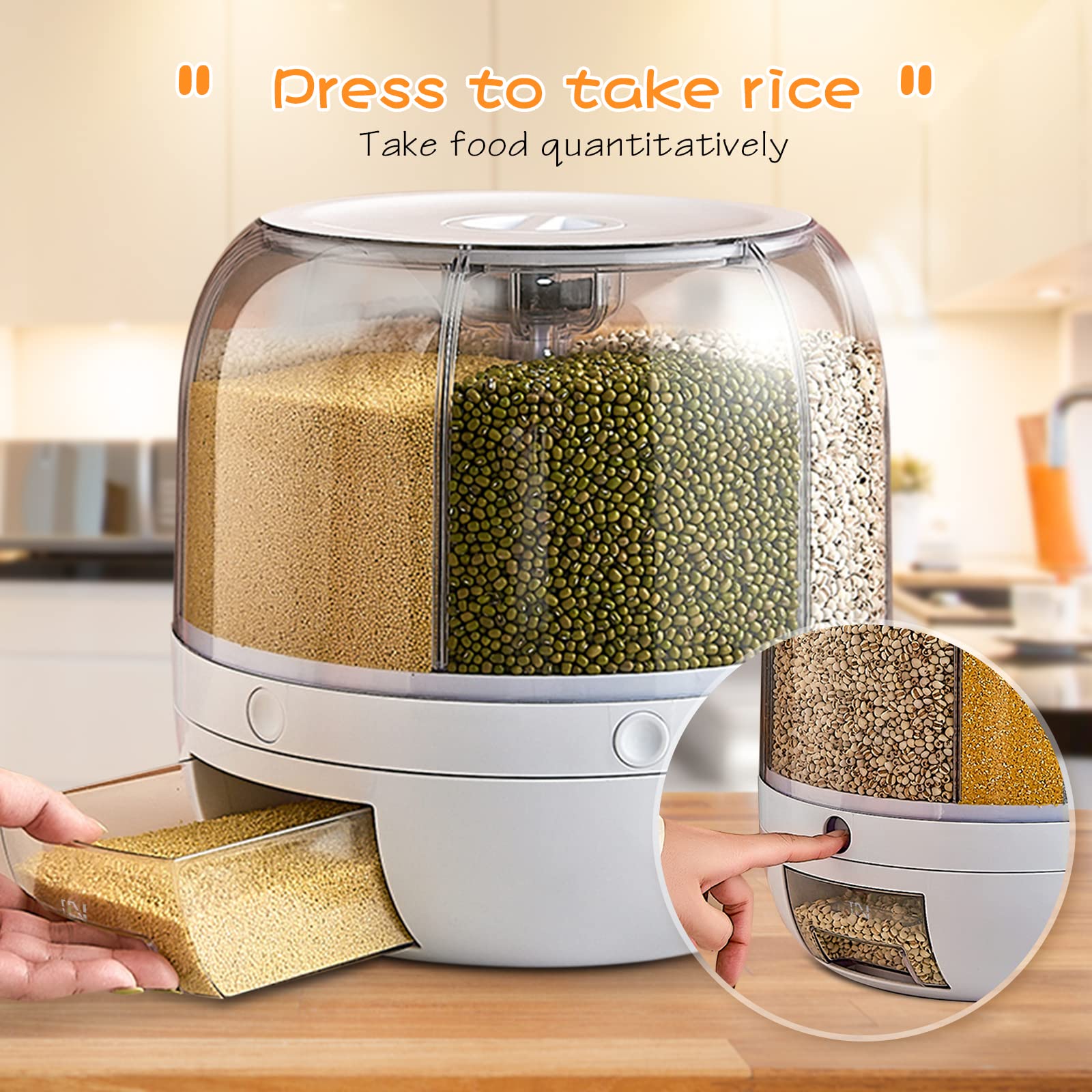360° Rotating 6 Grid Food Dispenser,Rice Storage Container Waterproof and moisture-proof Dry Grain Food Storage Bucket for Home Kitchen