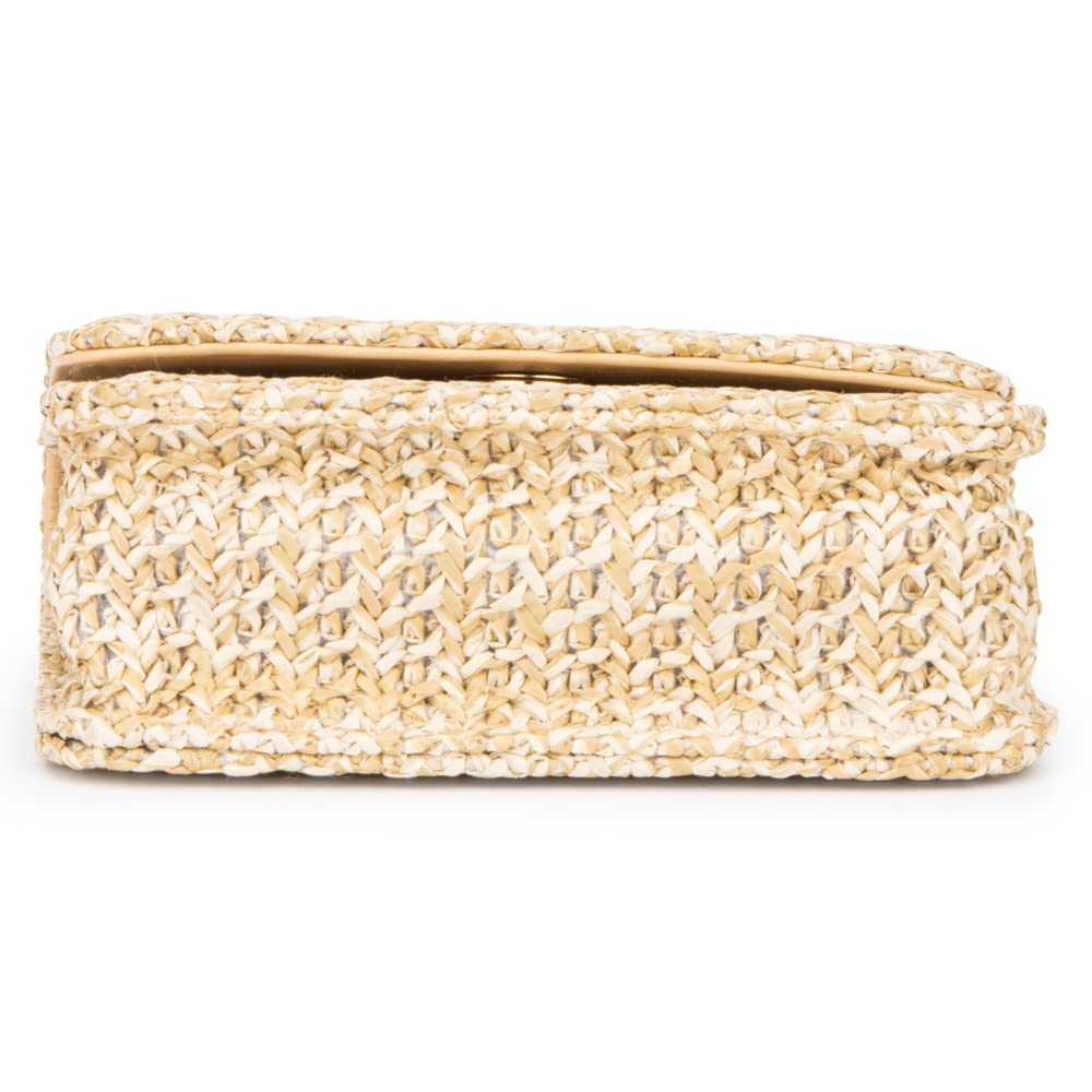 Olivia Miller Women's Fashion Mini Theodore Natural Straw w Double Chain n Front Flap, Beige Mini Crossbody Bag w Convertible Strap, Evening Everyday Casual Work Purse Handbag