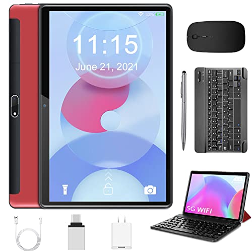 2 in 1 Tablets 10 Inch Android 11 with Keyboard Mouse, 4GB RAM+64GB ROM/128GB Upgrade Tablets, Dual 5G WiFi, Quad Core, Dual Camera, 6000mAh, WiFi, GPS, Bluetooth, Google Store Phones (Red)