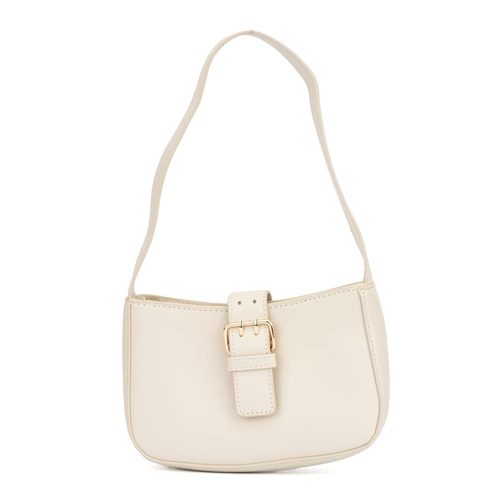 Olivia Miller Women's Fashion Gabriella Off White PU Vegan Leather Shoulder Bag w Buckle Detail n Magnetic Snap, Casual 90's Y2K Retro Purse Handbag