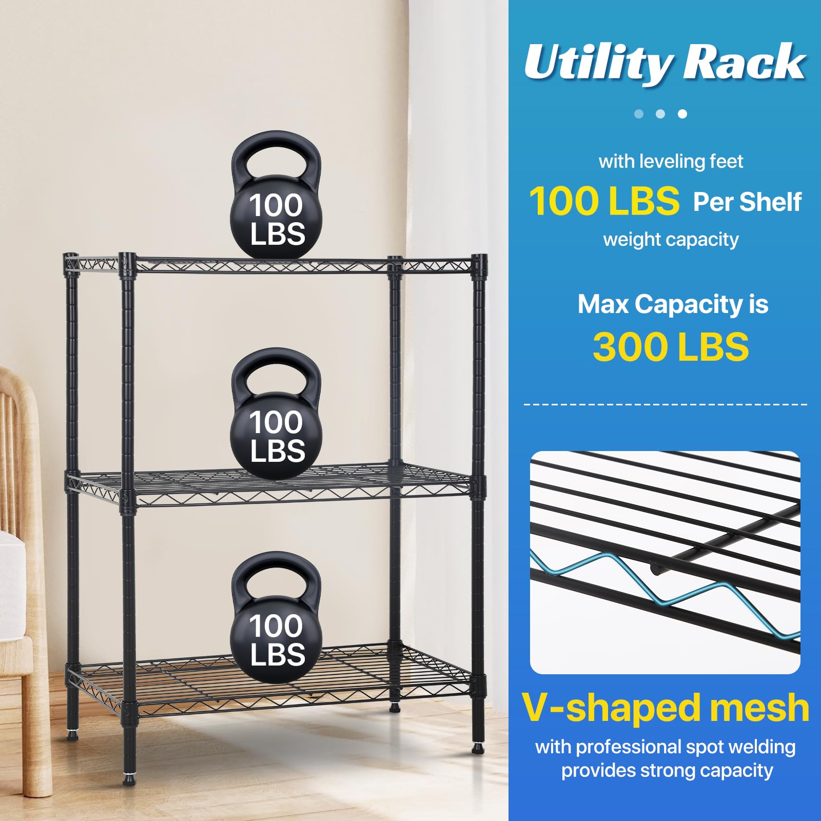 3 Tier Steel Wire Shelving,Adjustable Utility Metal Shelves for Storage,Storage Shelves Heavy Duty with Leveling Feet for Kitchen,Garage,Pantry,Clothset,100ps Per Shelf,Black,(23 x 13.2 x 30.2 inches)