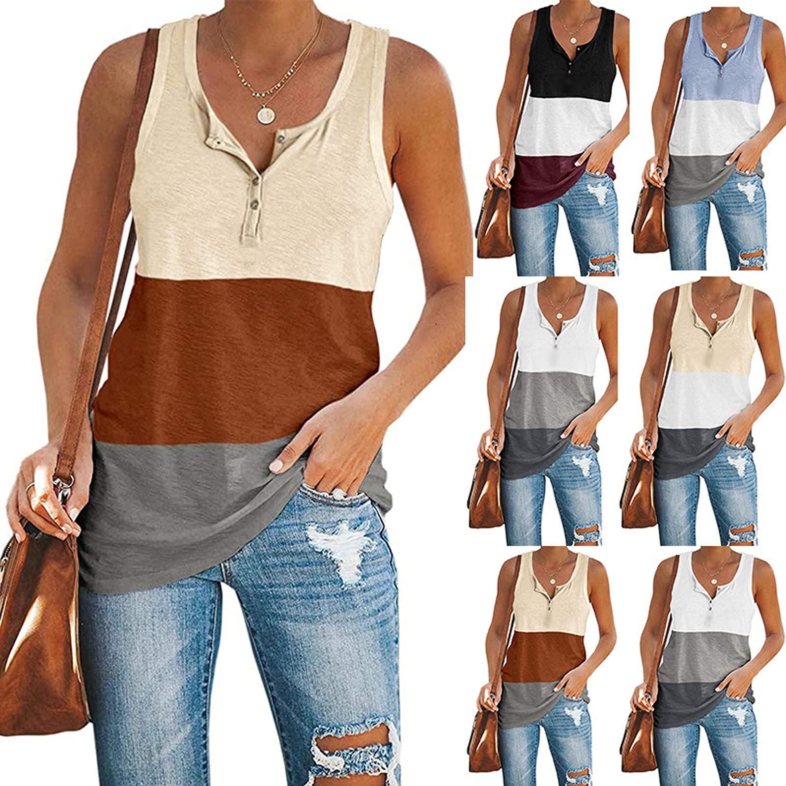 HMing Womens Henley Tank Tops Summer Sleeveless V Neck Contrast Color Casual Shirts Basic Blouses Vest with Buttons