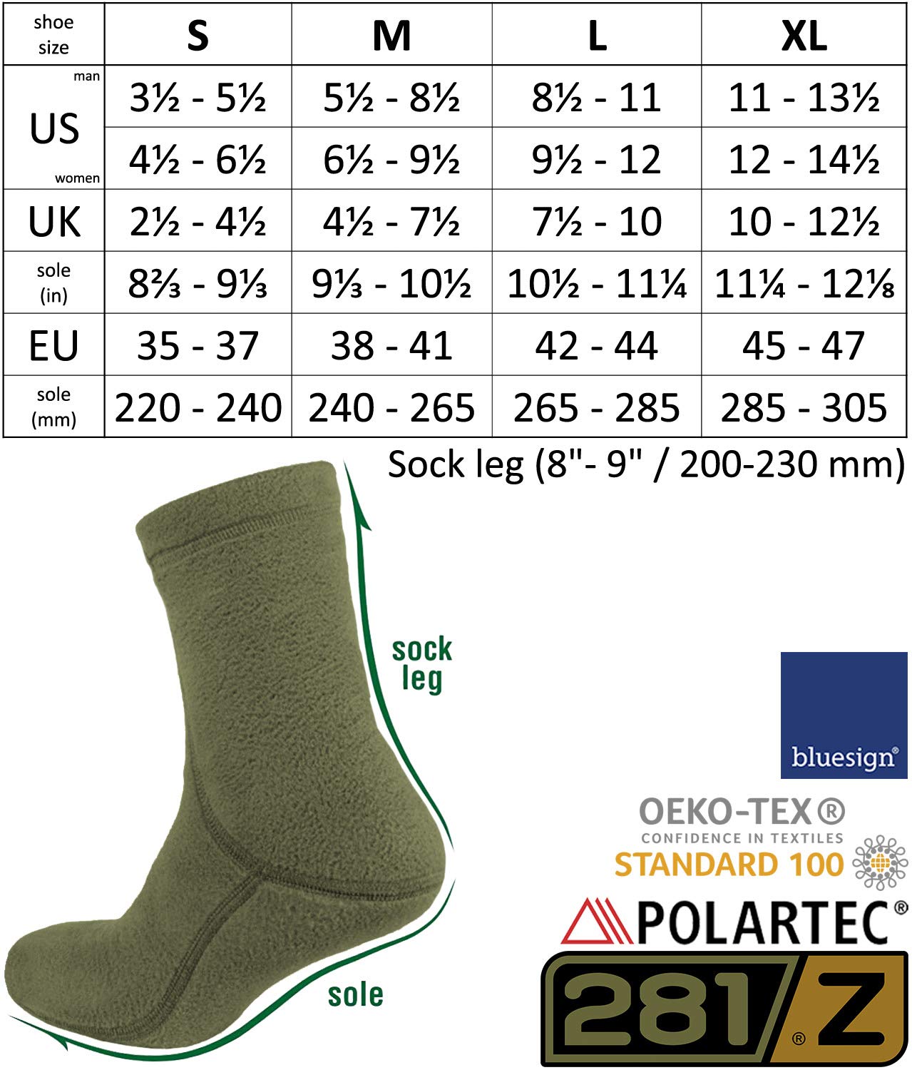 281Z Military Warm 8 inch Boot Liner Socks - Outdoor Tactical Hiking Sport - Polartec Fleece Winter Socks (Large, Olive Green)