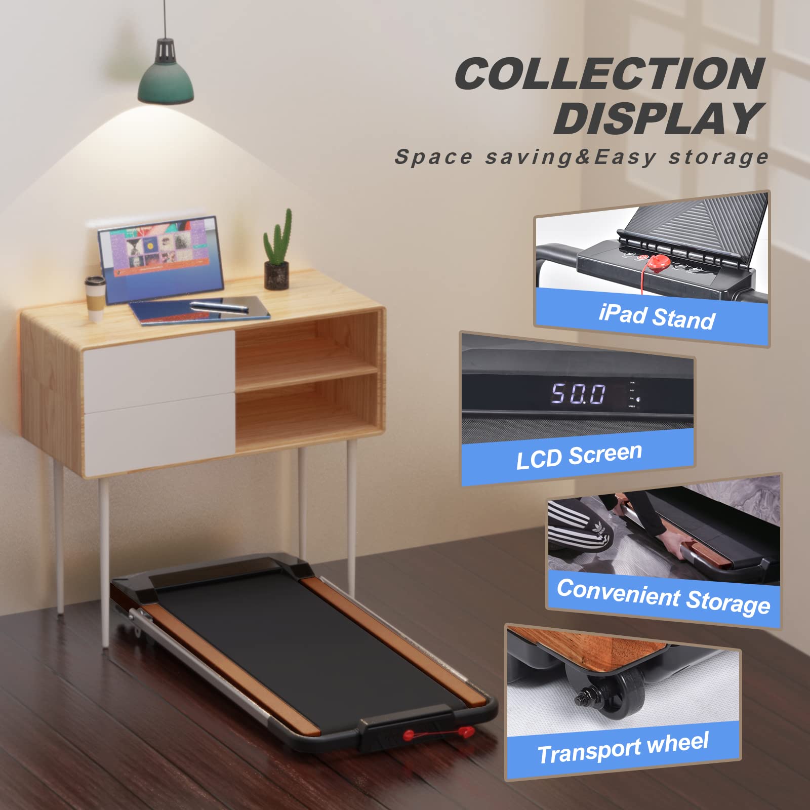 2 in 1 Under Desk Treadmill,2.25 HP Walking Pad Treadmill Under Desk for Home, Installation-Free Foldable Treadmill,Compact Portable Treadmill with Wheel, Walking Treadmill with Remote Control (BLACK)