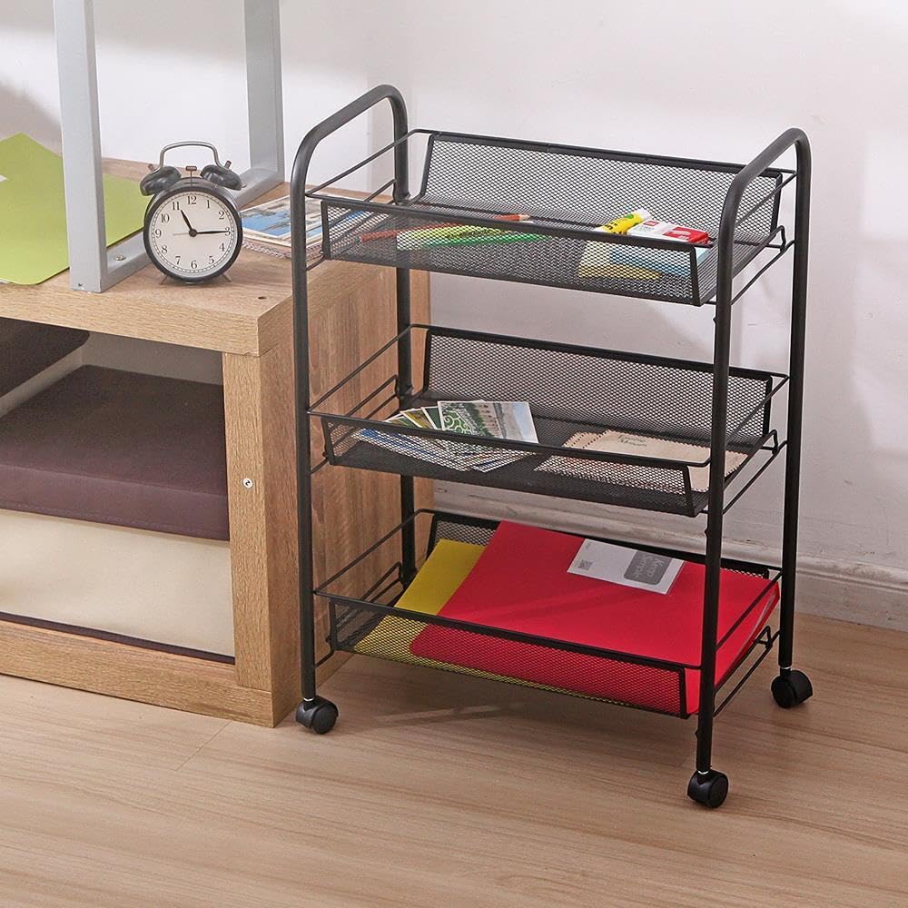 3 Tiers Shelf Metal Mesh Rolling Trolley Storage Rack Organizer for Home Kitchen