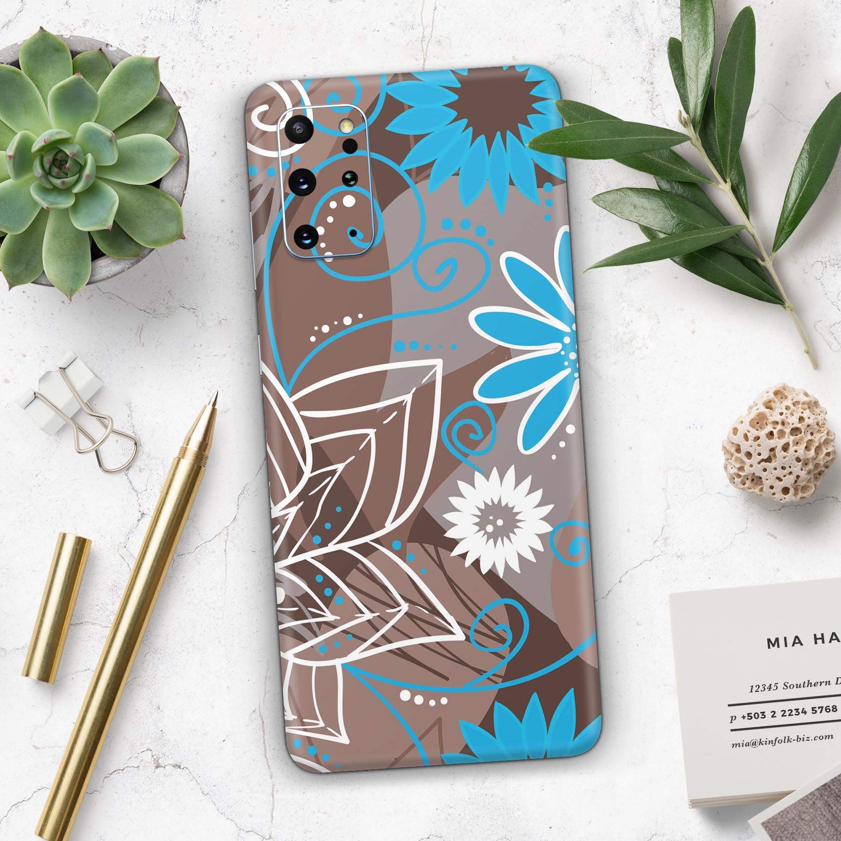 DesignSkinz Brown Surface with Blue and White Whymsical Floral Pattern Protective Vinyl Decal Wrap Skin Cover Compatible with The Samsung Galaxy S20 (Screen Trim & Back Glass Skin)