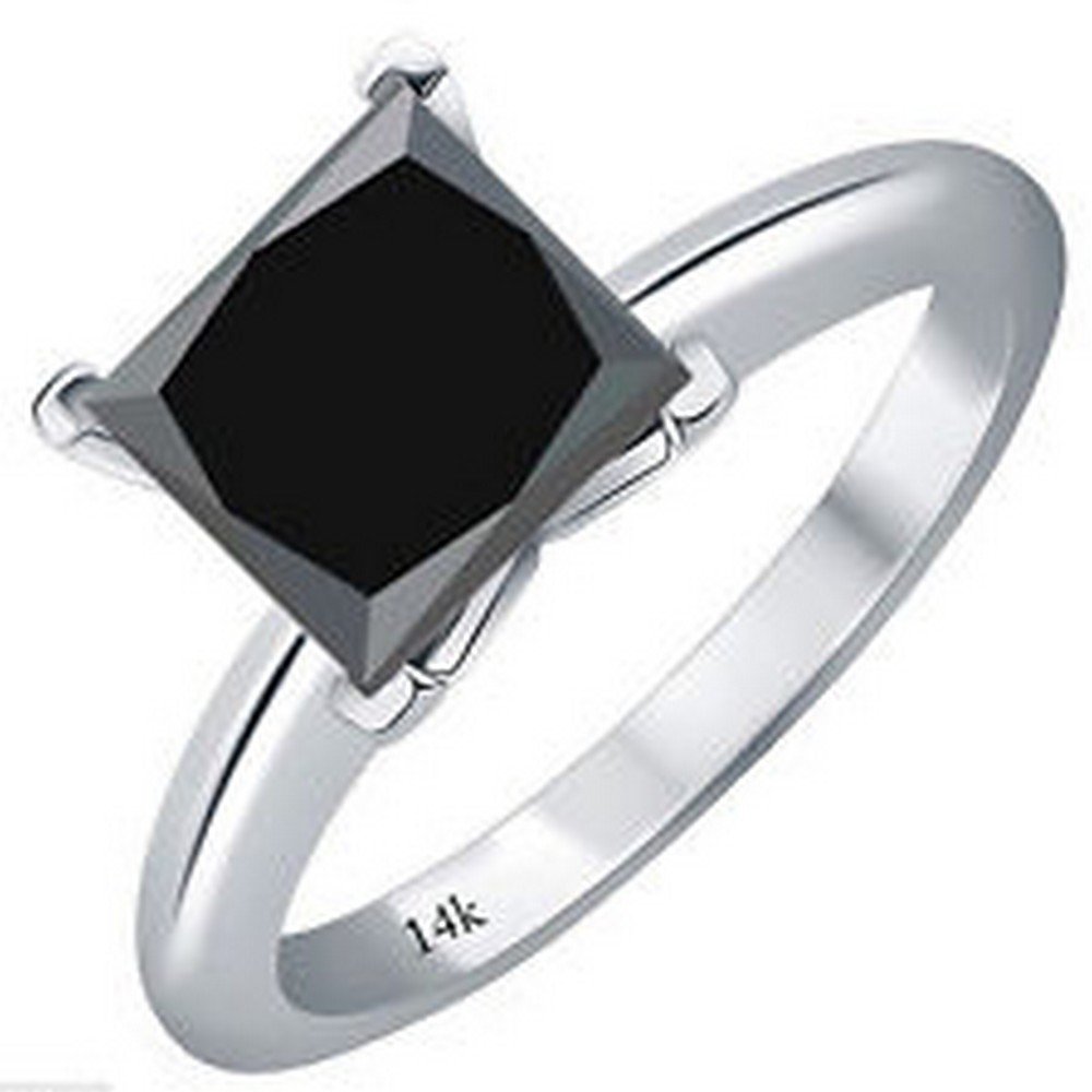3 Carat 18K White Gold Princess Black Diamond Solitaire Ring (AAA Quality)