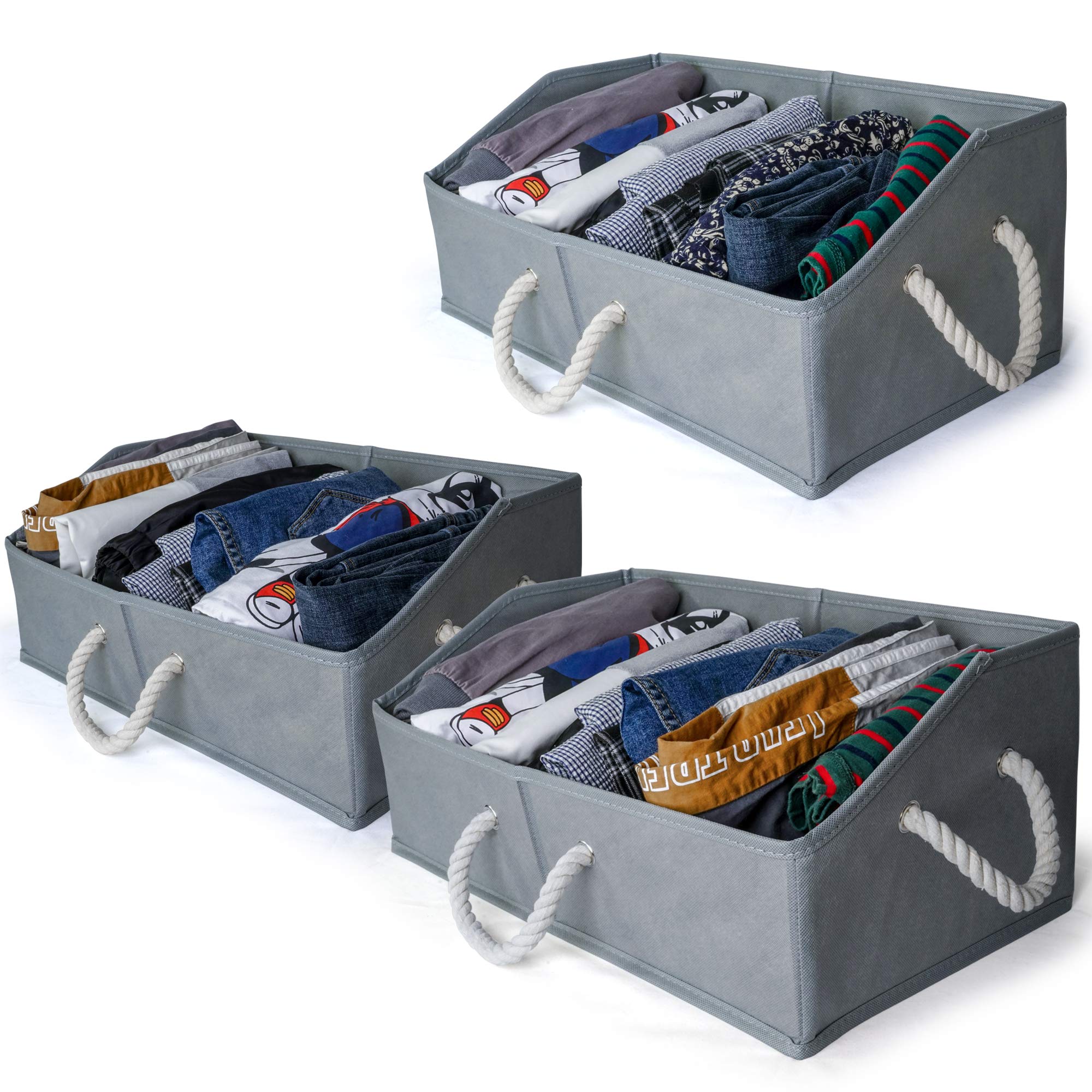 3 Closet Organizers and Storage Bins, Fabric Organizing Box Cubes, Decorative Laundry Baskets, Collapsible and Foldable, Heavy Duty Toy Shelves for Kids, Trapezoid, Gray, 19β Wide