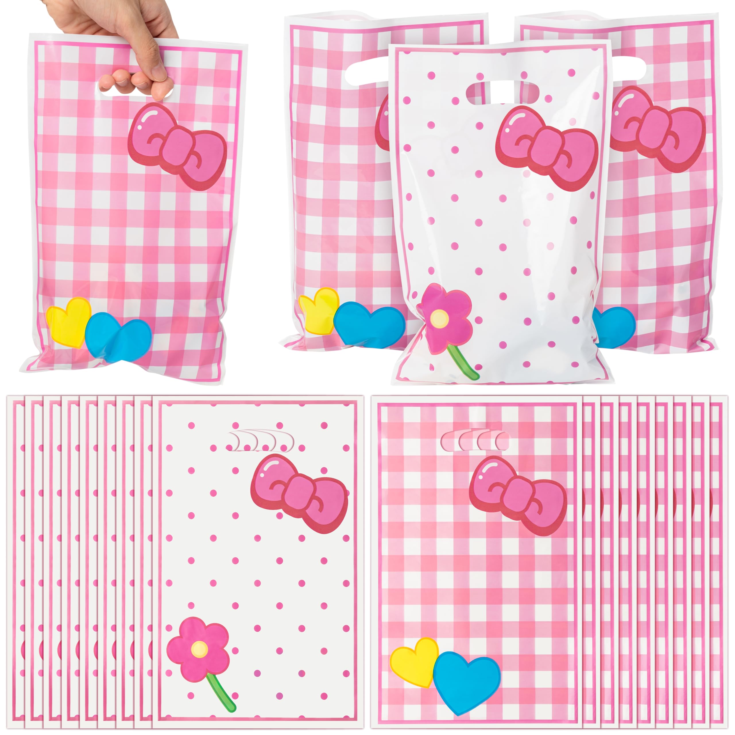 50Pcs Cute Cartoon Pink Cat Party Favor Bag Candy Treat Bags Print Bow Tie Flower Patterns with Handles Plastic Snack Gifts Bags for Boys Girls Kids Birthday Baby Shower Holiday Party Favor Supplies