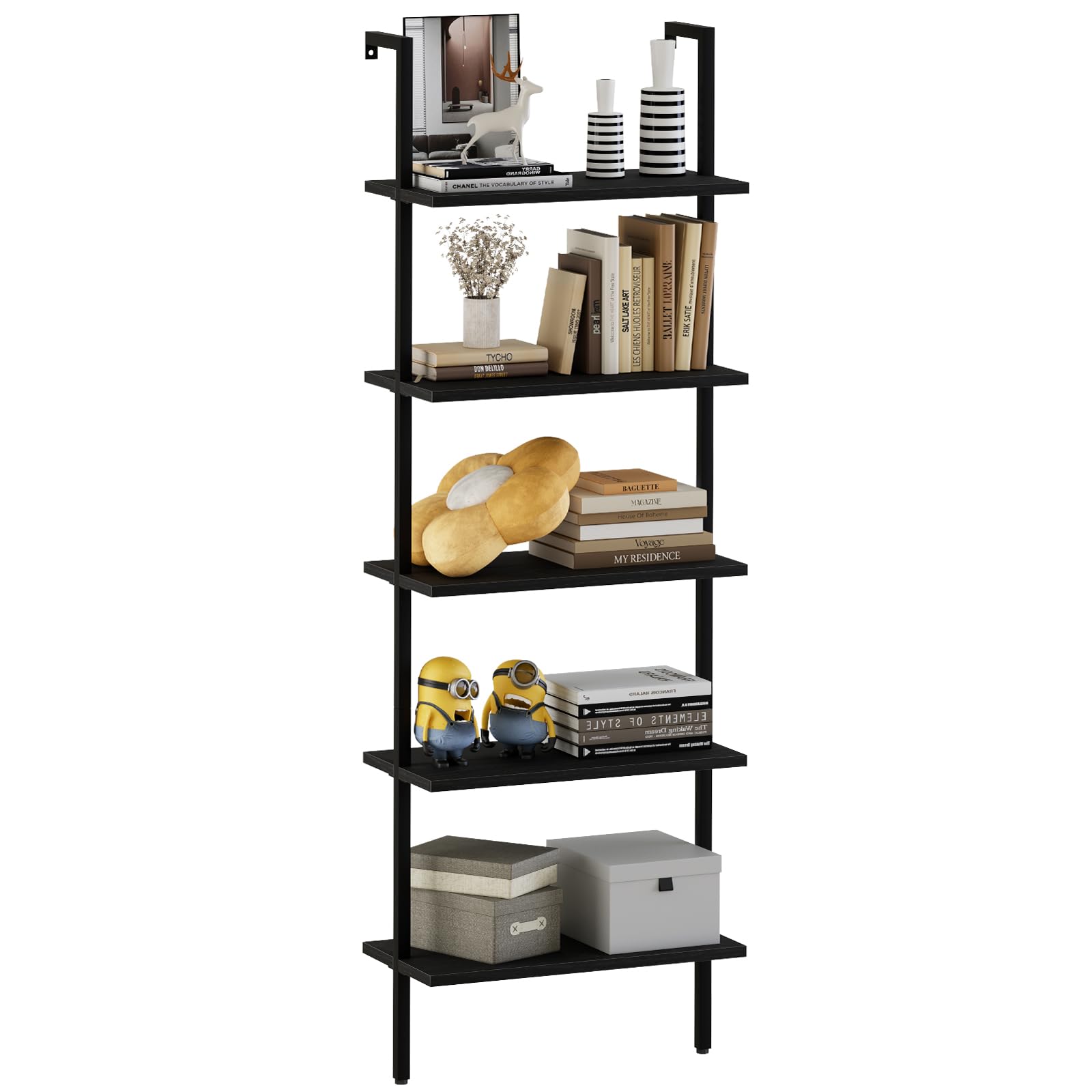 aboxoo Ladder Shelf Open 5-Tier Bookshelf Wall-Mounted Black Wood Bookcase Storage Rack Open Industrial Modern Plant Stand Utility Organizer Bookcase Metal Frame Furniture Office Bedroom