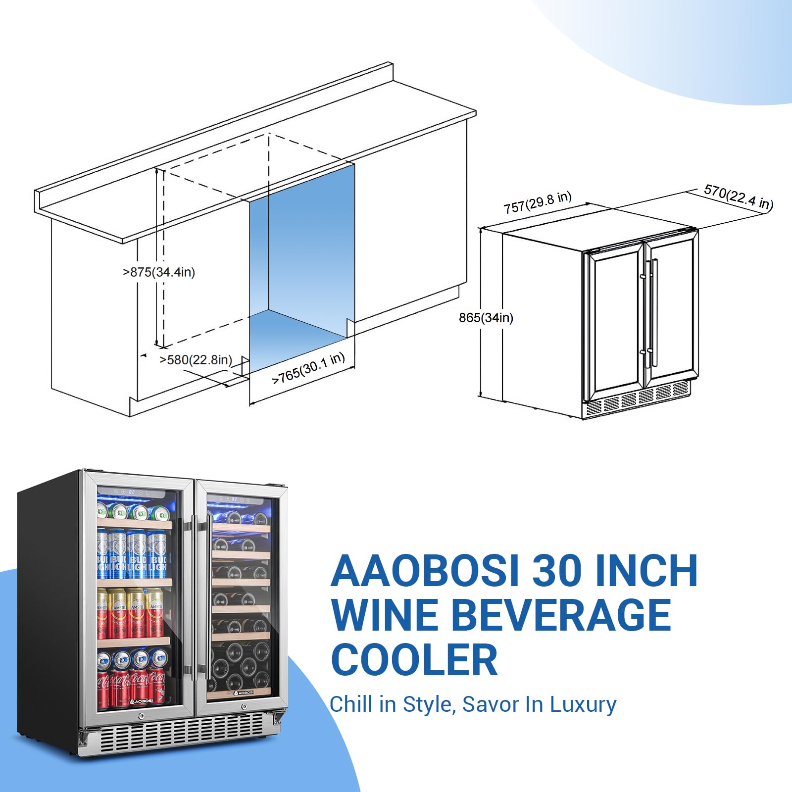 AAOBOSI 30 Inch Wine and Beverage Cooler, 31 Bottles & 110 Cans Wine Fridge, Glass Door Dual Zone Wine Refrigerator Freestanding and Built-in, Digital Temperature Control, Blue LED Display Light