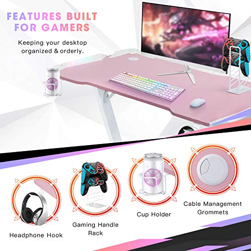 Oryxearth Pink Gaming Desk with LED Lights, 41" Z Shaped RGB Home Gaming Computer Desk Table, Ergonomic PC Workstation with Remote Control, Cup Holder, Handle Rack, Headphone Hook for Office Use