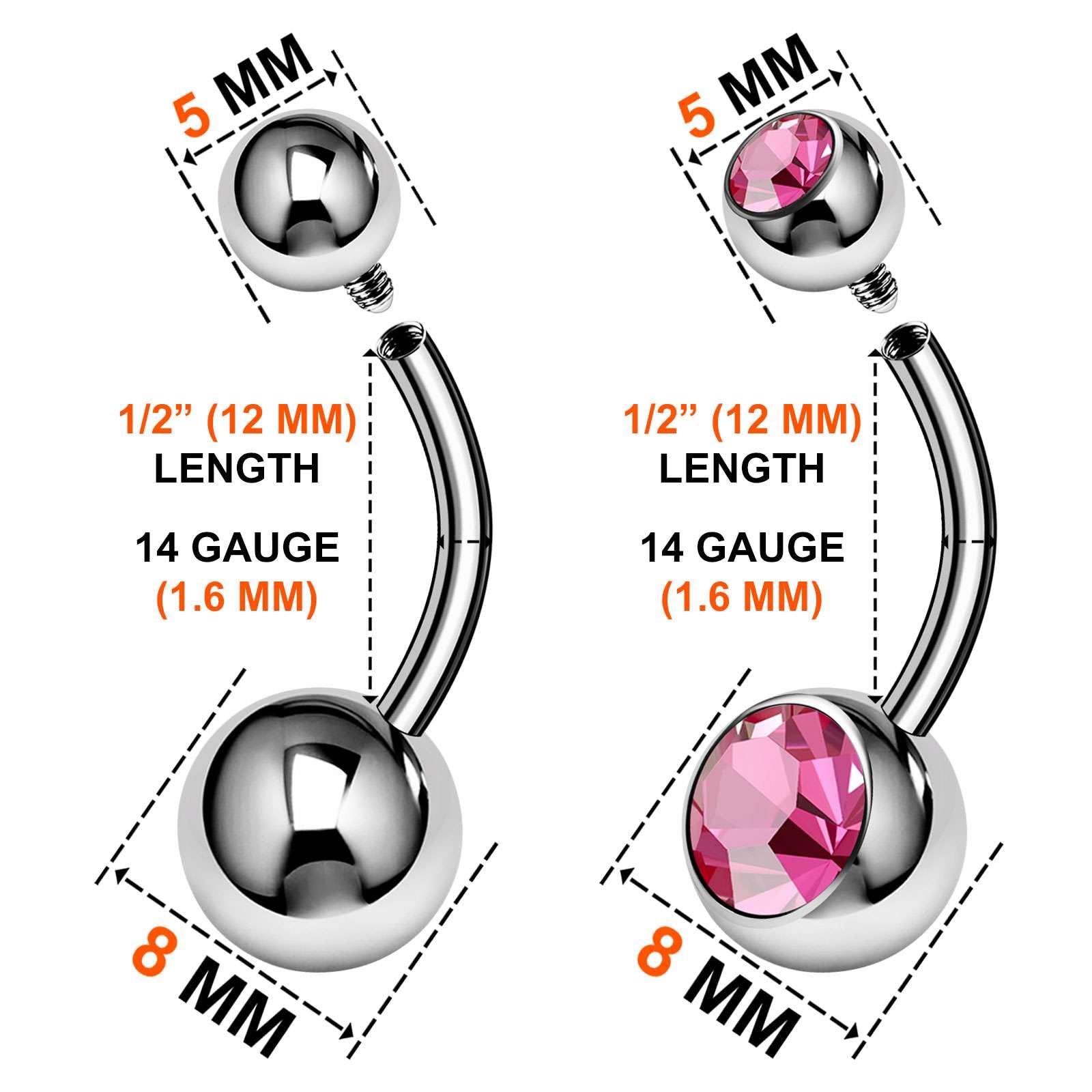 2PCS Surgical Stainless Steel Internally Threaded Belly Rings 14 Gauge Non Dangle Navel Bars Piercing Jewelry See More Sizes (2pcs 14mm ring)