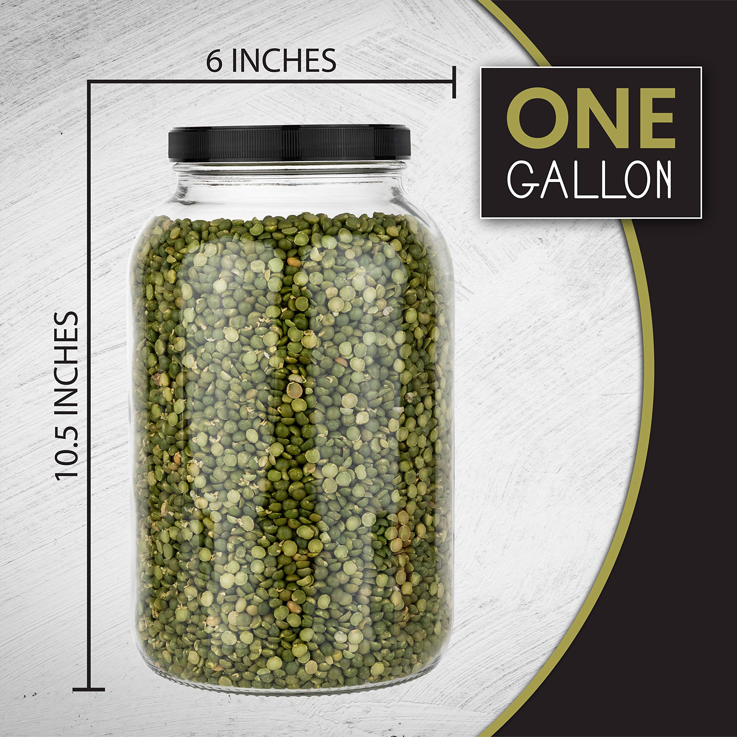 2 Pack - 1 Gallon Mason Jar - Glass Jar Wide Mouth with Plastic Lid - Container for Storing Dry Foods, Spices, Pasta, Legumes and Pet Food - Airtight Kitchen Storage (Black Cap)