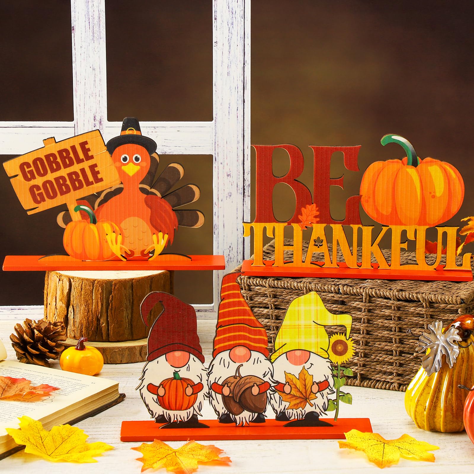 6 Pieces Thanksgiving Table Centerpiece Signs Wood Thanksgiving Fall Decor for Table Harvest Autumn Pumpkin Decor Thanksgiving Decor for Tables, Tiered Tray, Home Kitchen