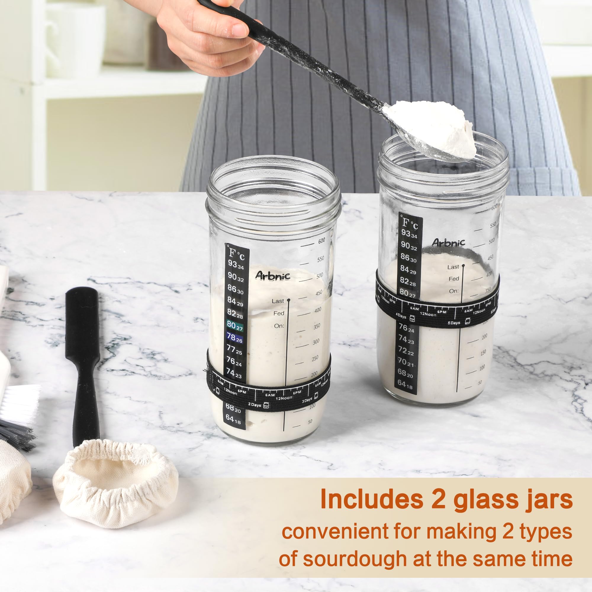 Arbnic Sourdough Starter Kit with 2 Starter Jars, Sourdough Bread Baking Supplies Included Thermometer Band, Level Tracker (with 2 Jars)
