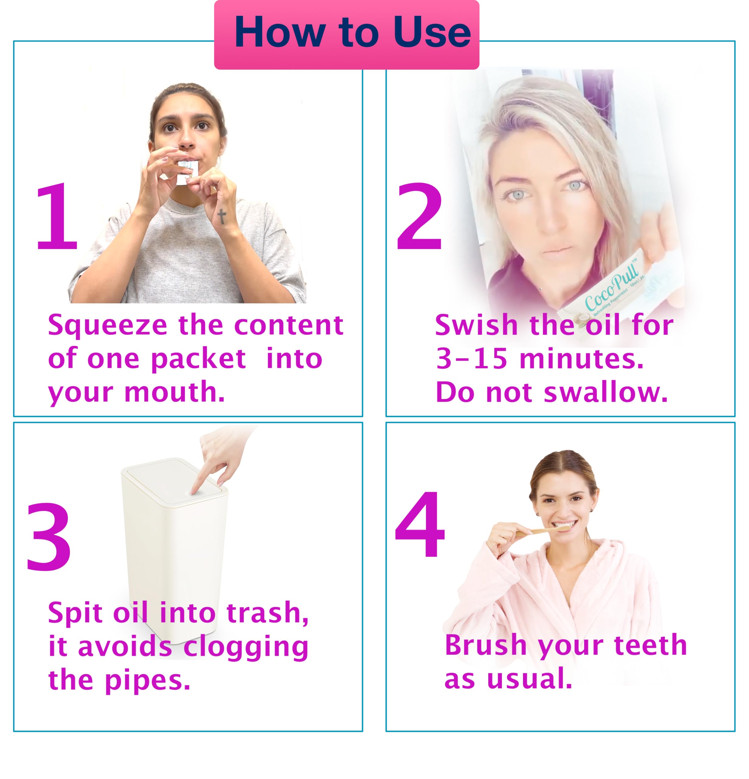 CocoPull - Organic Oil Pulling 14 Packets/Sachets with Coconut and Peppermint Oil for Healthy Teeth, Gums, Bad Breath Remedy. Natural Teeth Whitening.