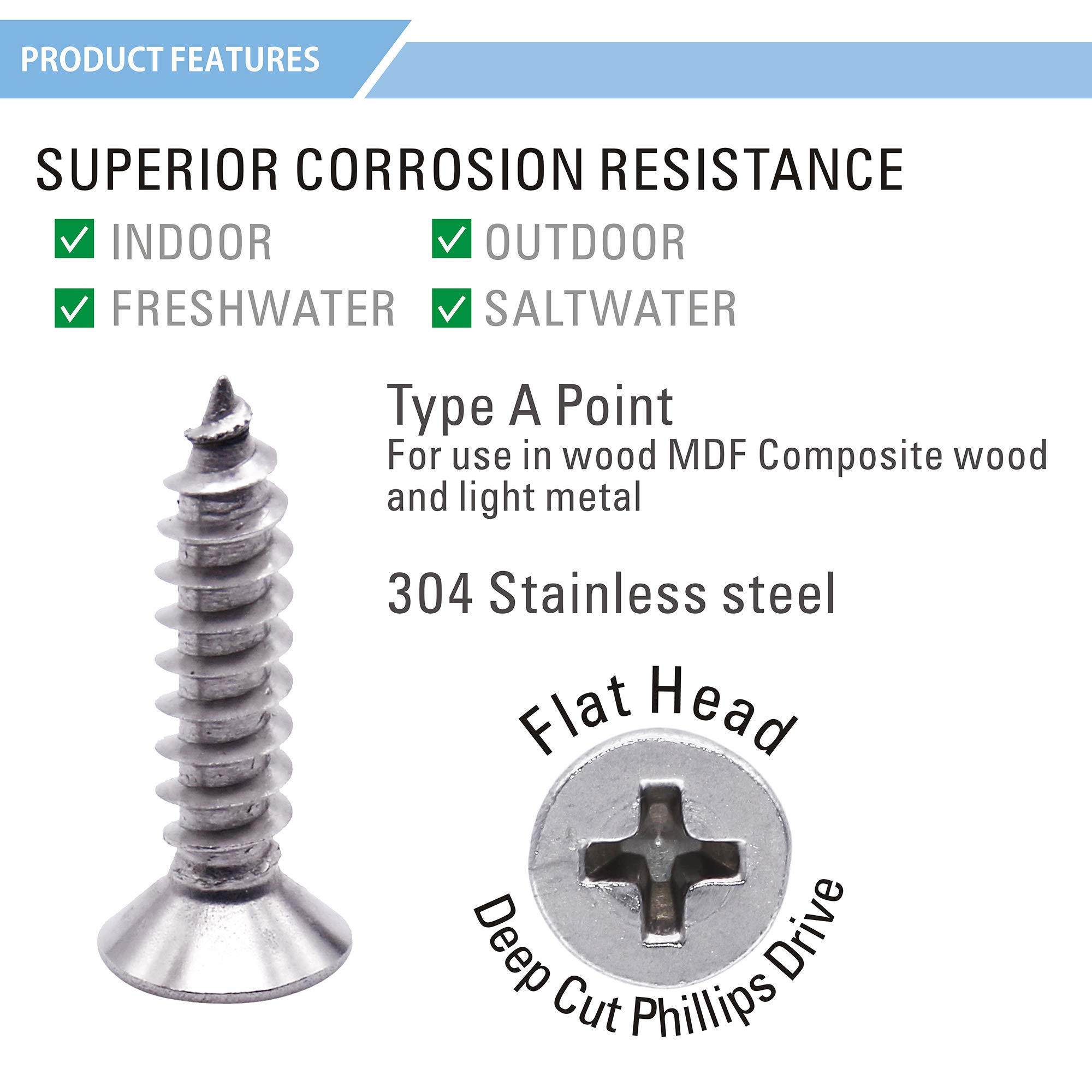 Jetovo 150 Pack 304 Stainless Steel Flat Head Phillips Self Tapping Screws Phillips Drive Wood Screw Assortment Kit - Size: #8 x 1/2" #8 x 3/4" #8 x 1"