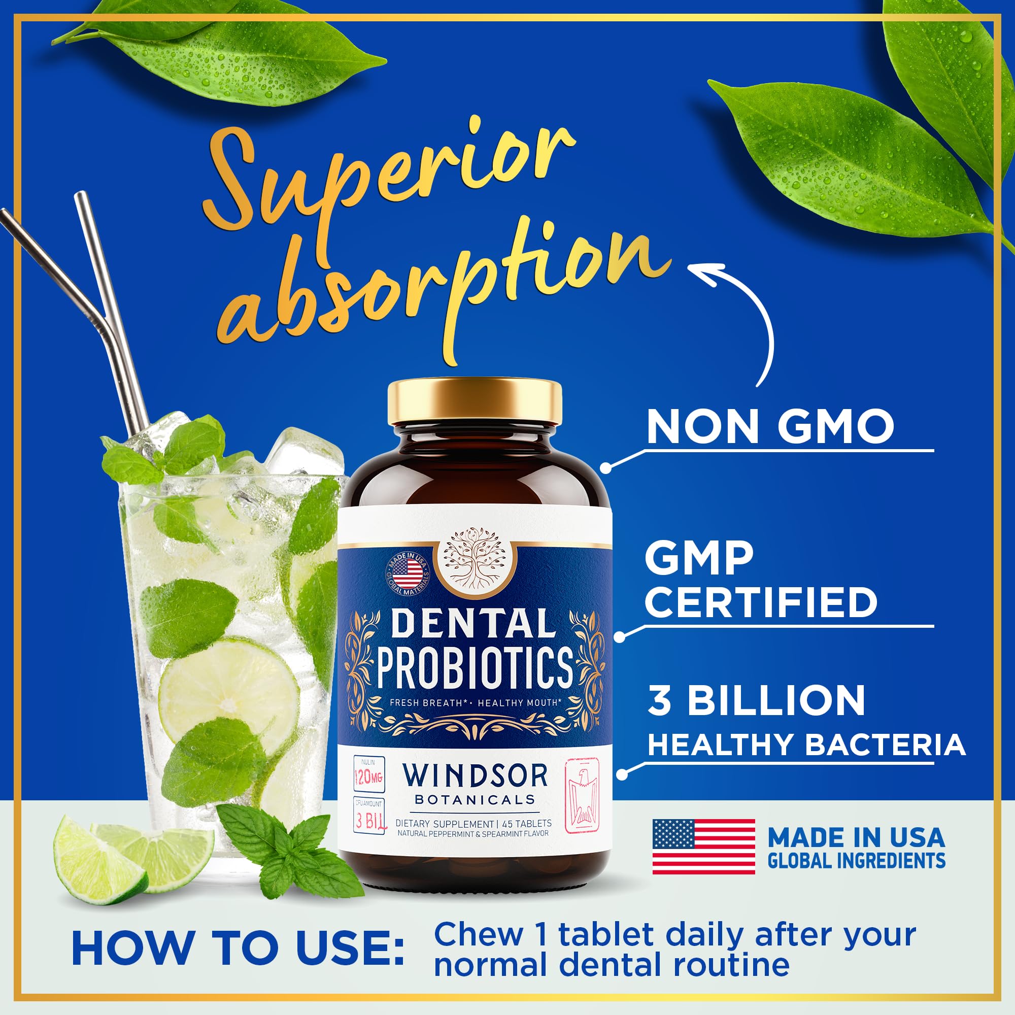 Oral Probiotics for Teeth and Gums - 3BN CFU Lactobacillus Salivarius Acidophilus Rhamnosus Streptococcus - Bad Breath Treatment for Adults - 45 Chewable Mint Dental Probiotic Tablets for Women & Men