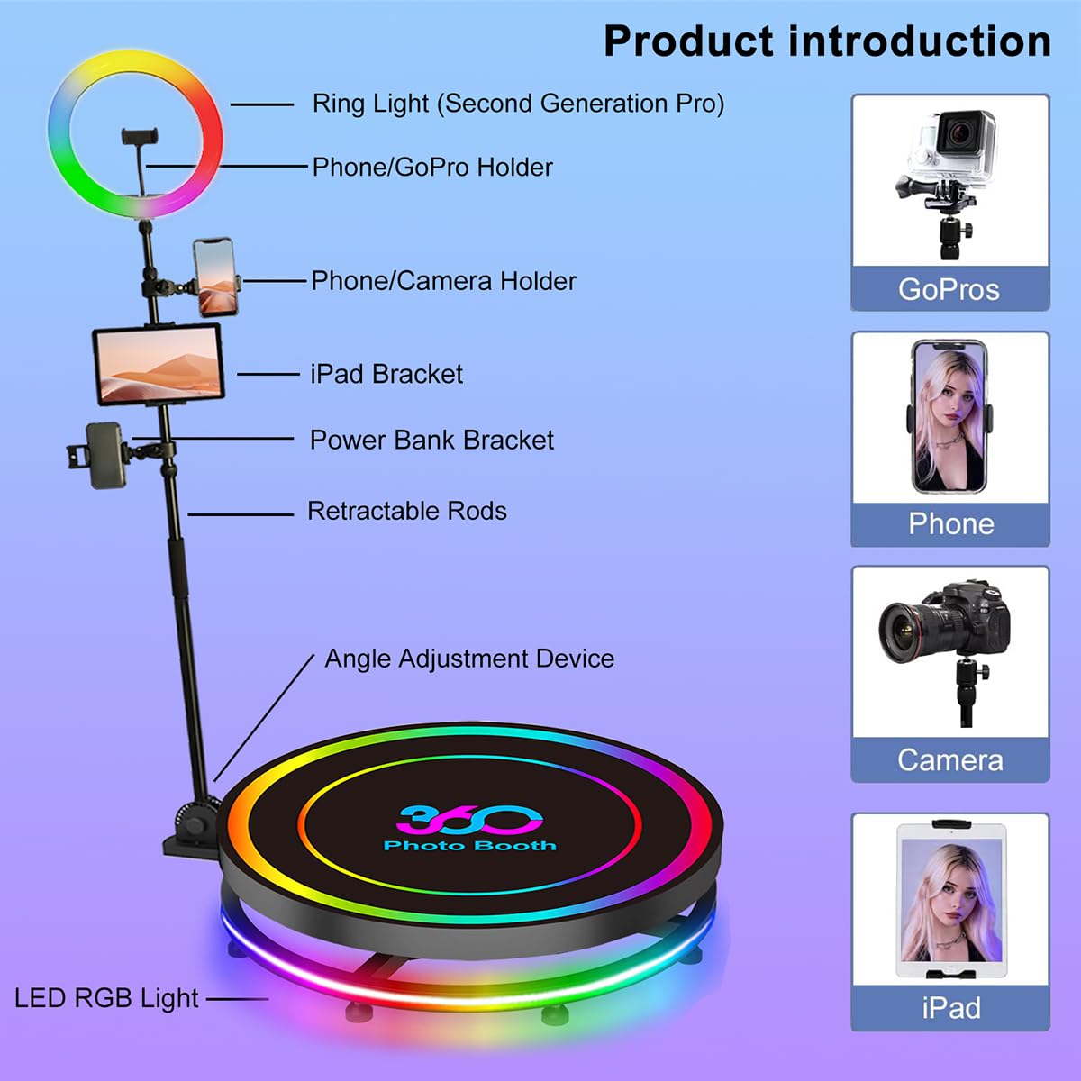 360 Photo Booth with RGB Ring Light, Logo Free, 360 Slow Motion Rotating Photo Booth Machine 26.8in PRO for 1-3 People with Flight Case