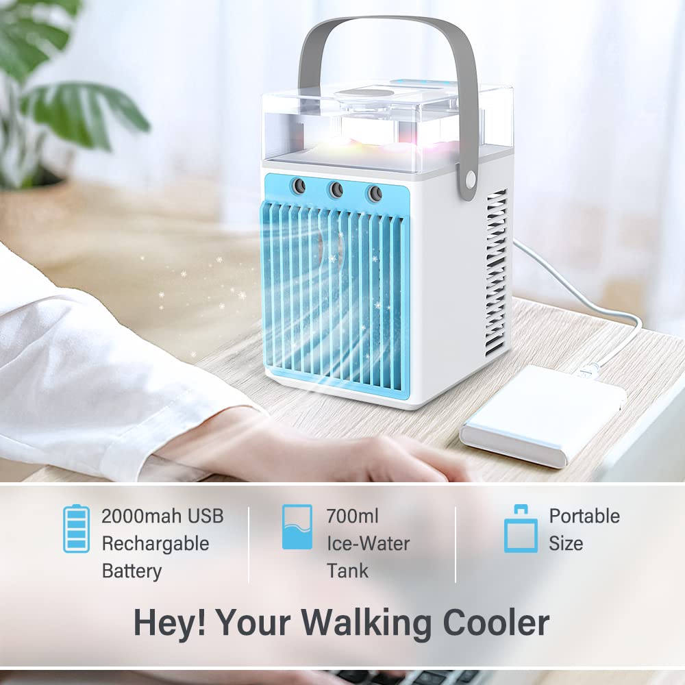 Thehomeuse Portable Air Conditioner Fan, 3in1 Personal Mini Cooler, Small Evaporative Cooler with LED Lights, Quiet Desktop Cooling Fan for Office, White