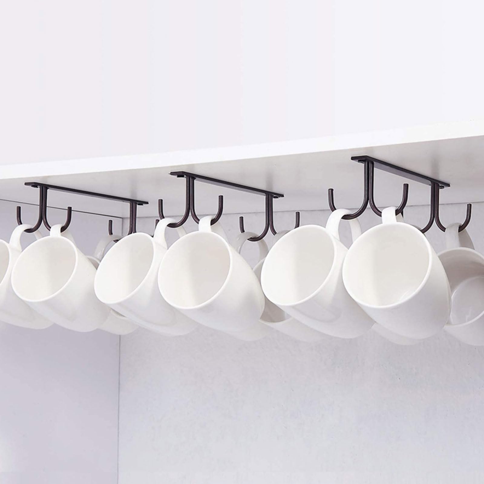 ABuff 6 Pack Cabinet Hook Mug Holder - Hanging Coffee Cup Rack for Kitchen, 24 Hooks Under Cabinets Metal Hangers Organizer Shelf Storage Utensil (Black)