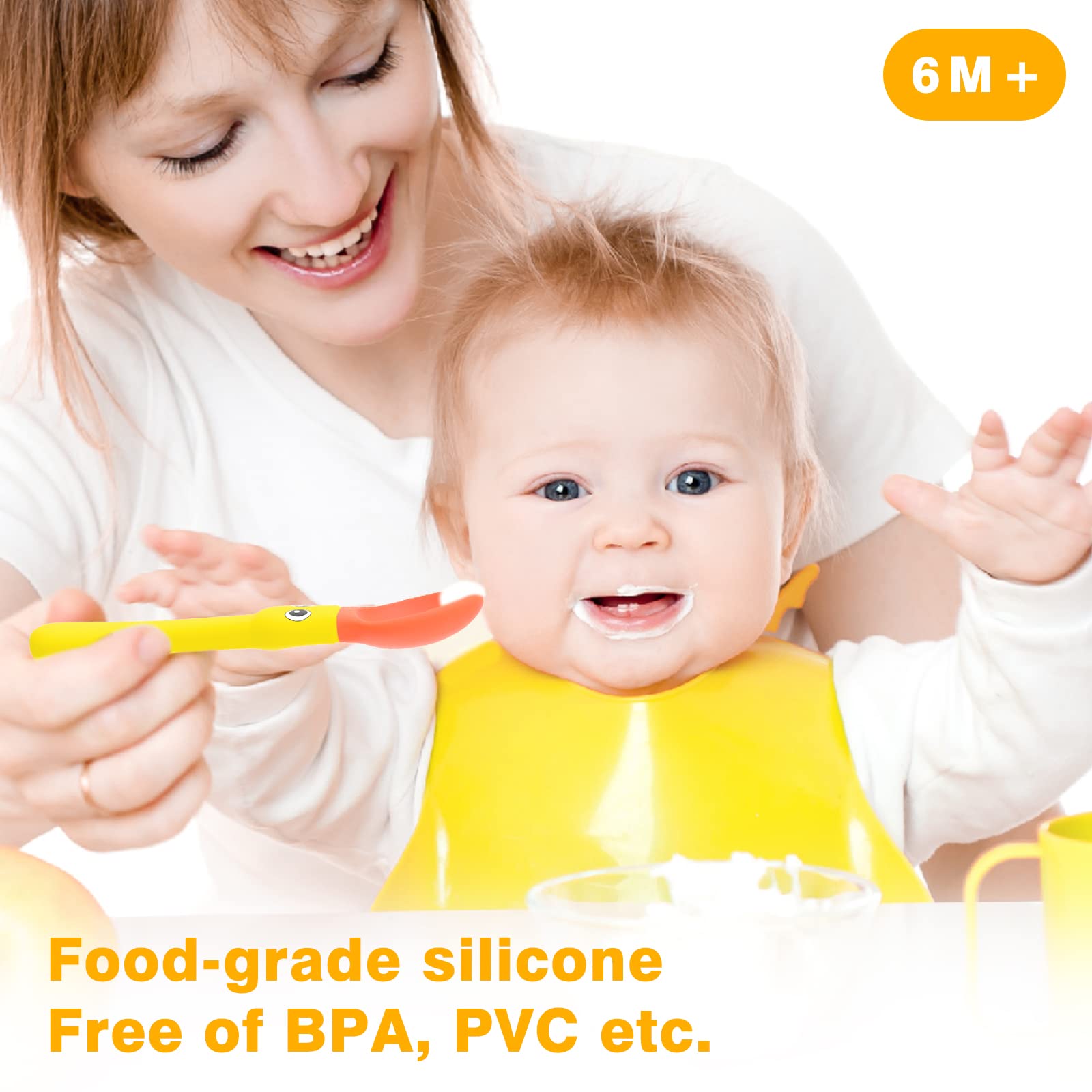 2 Pack 100% Silicone Toddler Spoon Soft and Bendable | BPA Free | Easy Grip Baby Utensils for Self-feeding Training, Cute Bright Adorable Ducks, (Set of 2, Orange and Yellow) MOE DUCK