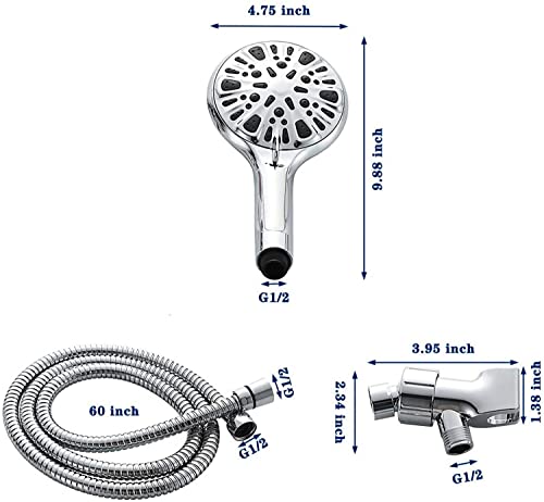 9 Functions Handheld Shower Head Set, High Pressure Shower Head High Flow Handheld Showerhead Set with 59 Inch Hose, Bracket, Tape, Rubber Washers