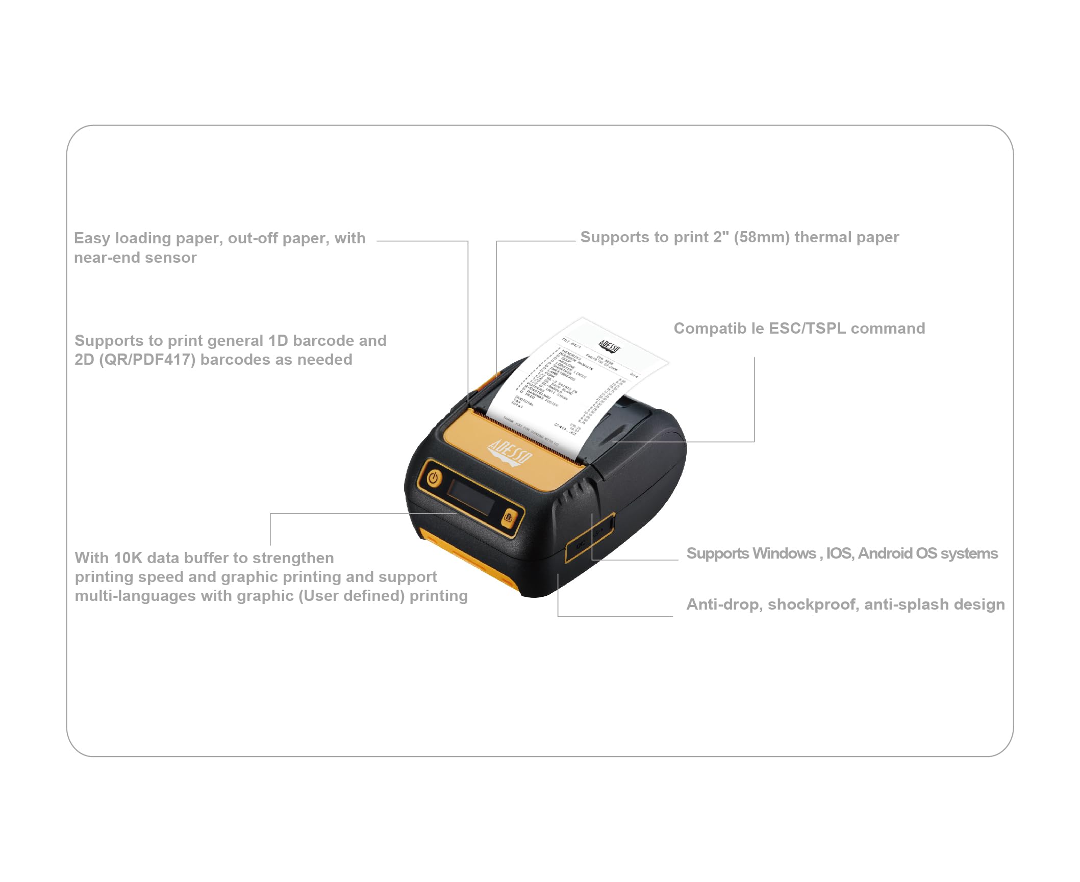 Adesso NuPrint 220B Portable Bluetooth Thermal Printer - 2" (58mm) Width, High-Speed Printing Up to 90mm/s, USB Compatible, Includes Thermal Paper and Power Cable