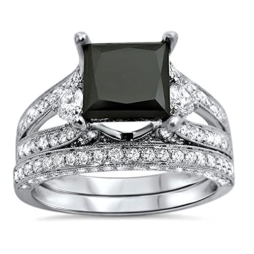 3 Ct Princess Cut Black & White Diamond Vintage Engagement Ring Bridal Wedding Set 14k White Gold Plated 925 Sterling SIlver6.5