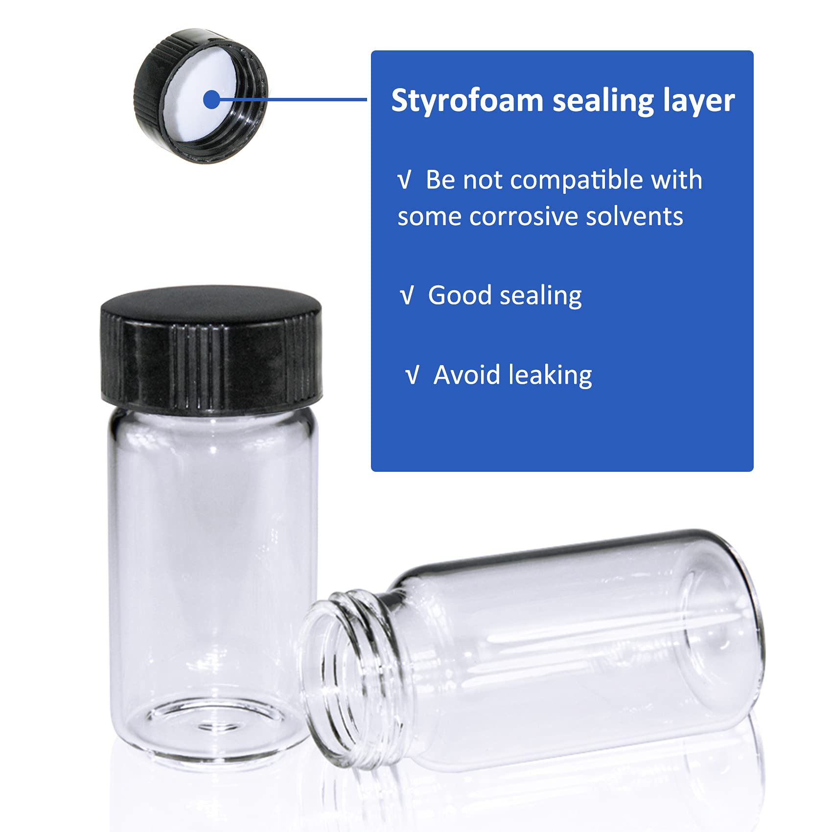 ALWSCI Sample Vial, Clear Glass 24-400 Thread Storage Vial, 20 ml Capacity, 27.5 mm I.D. x 57 mm with 24-400 Black Closed Cap, PE Liner, pack of 100