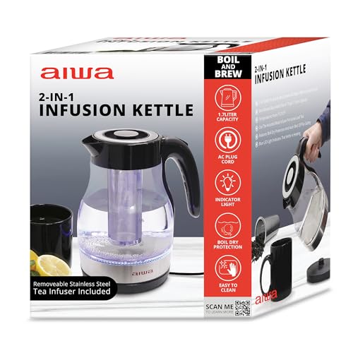 Aiwa 2 in 1 Black Infusion Kettle, Boil and Brew with Removable Stainless Steel Tea Infuser, 7 Cup or 1.7 Liter Capacity, LED Indicator Light, Auto-Shutoff & Boil-Dry Protection, Black