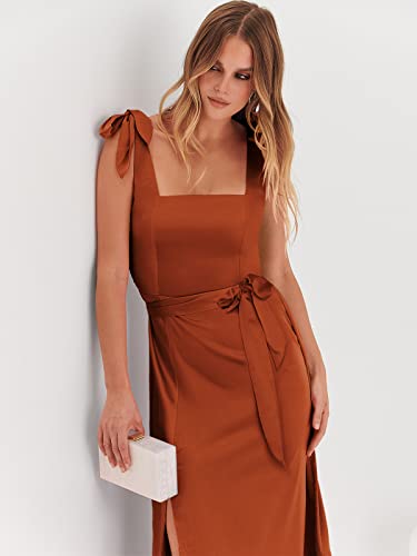 ANRABESS Women's Satin Formal Dress Square Neck Ruffle Split Midi Bridesmaid Dress for Wedding Guest Cocktail Party A1008jiaotang-M Caramel