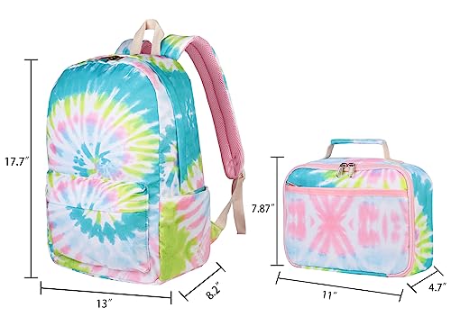 Airyard Girls Backpack, Kids Backpack for School Lightweight School Backpack for Teen Girls Bookbag Set with Lunch Box (Tie-Dye Colorful)