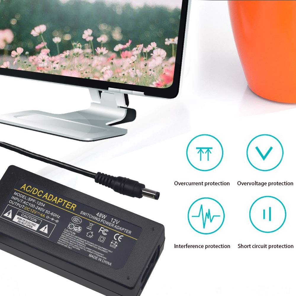 Snsnlent AC Adapter Power Supply 12V 4A 48W AC/DC Power Adapter with 5.5x2.1mm DC Plug 12V 4A 48W for LCD Monitor, LED Strip Light and Other Low Voltage Device