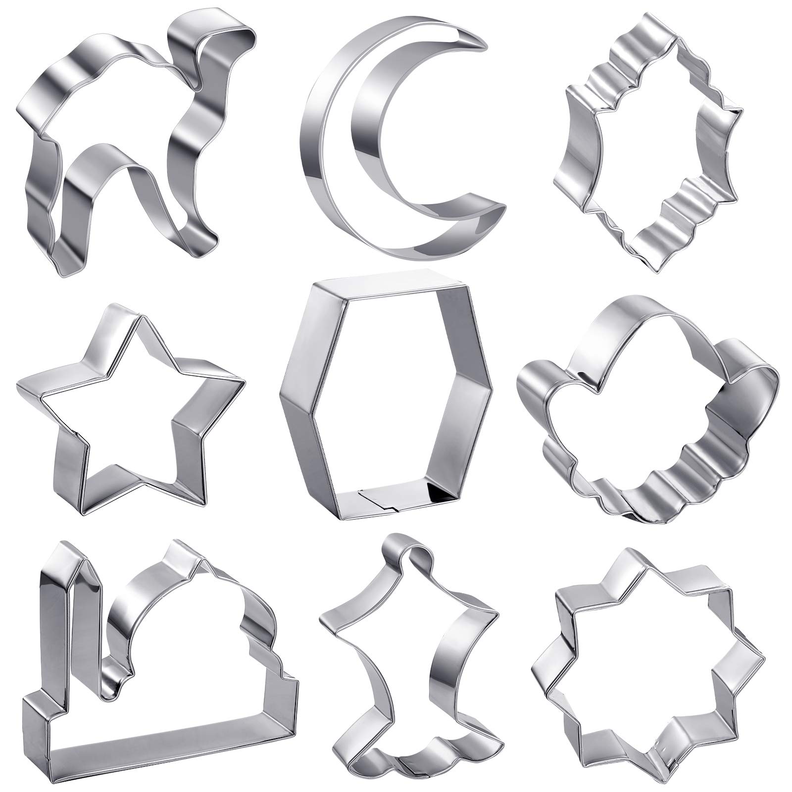 9 Pieces Eid Mubarak Cookie Cutters Eid Ramadan Biscuit Molds DIY Biscuit Cutters Stainless Steel Fondant Cutters with Lantern Camel Moon Design for Eid Mubarak Holiday Party Supplies