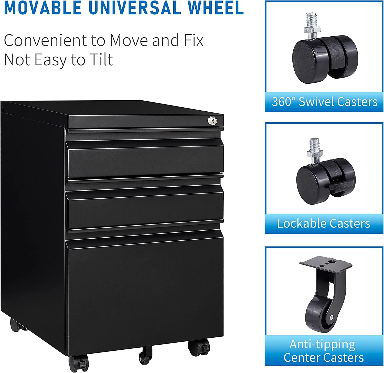 3 Drawer Locking File Cabinet, Under Desk Metal Filing Cabinet for Legal/Letter/A4 File, Fully Assembled Include Wheels, Home/Office Design (Black)
